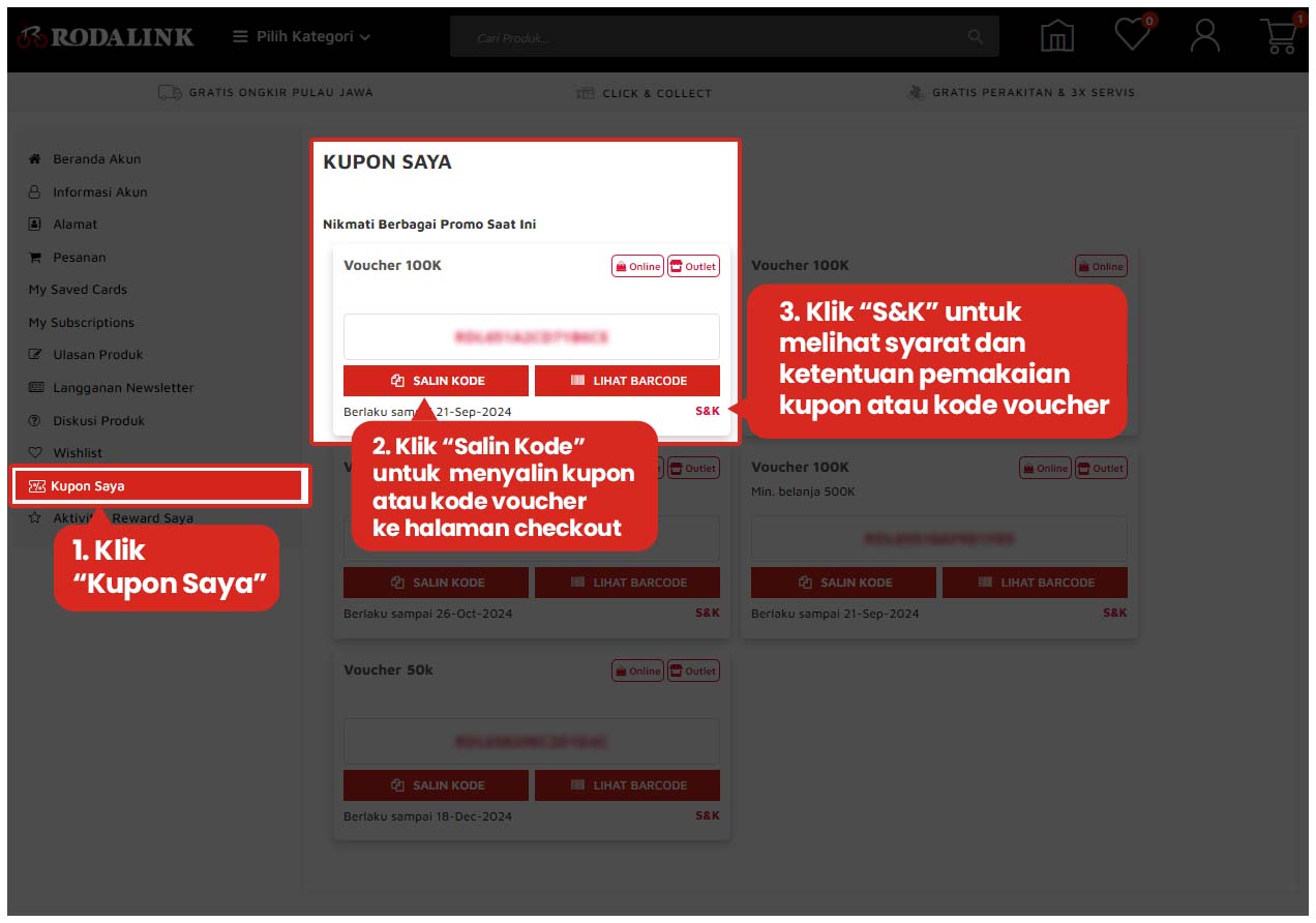 Bagaimana cara melihat kupon atau kode voucher Rodalink Saya? / Pusat Bantuan